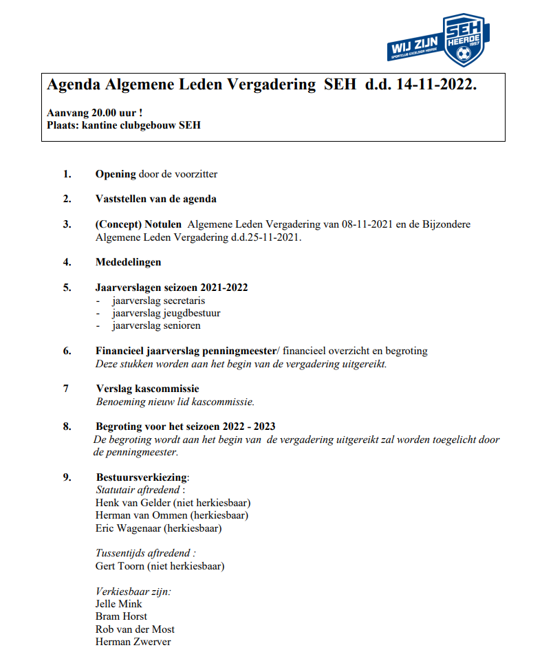 Algemene Leden Vergadering op 14 november | vv SEH